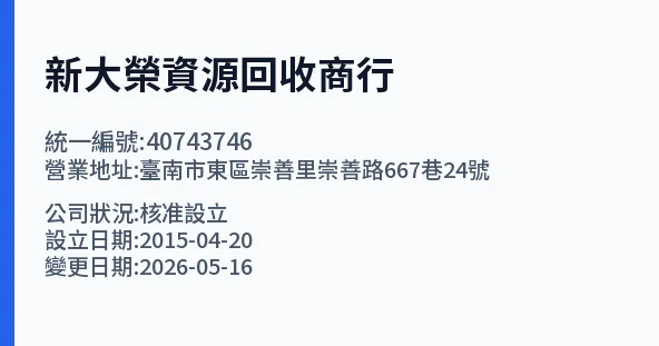 新大榮資源回收商行的照片-統編 40743746(臺南市) 公司登記資料與營業項目詳細圖表