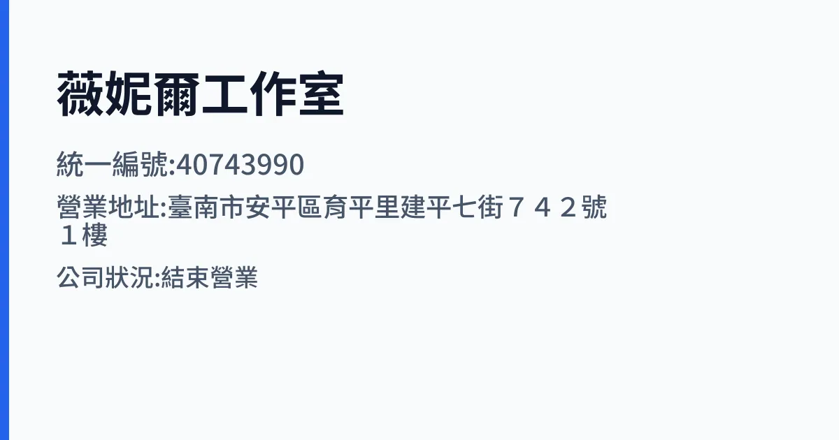 薇妮爾工作室 - 統編 40743990(臺南市) 公司登記資料與營業項目詳細圖表