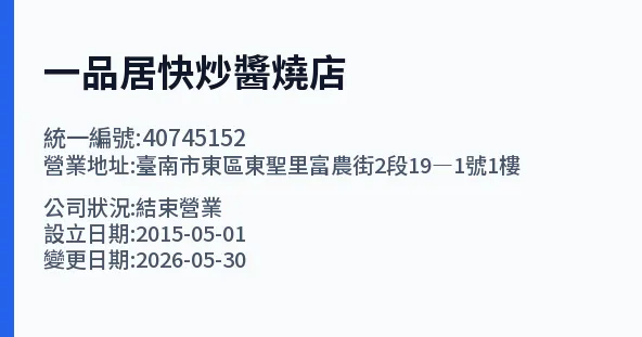 一品居快炒醬燒店的照片-統編 40745152(臺南市) 公司登記資料與營業項目詳細圖表