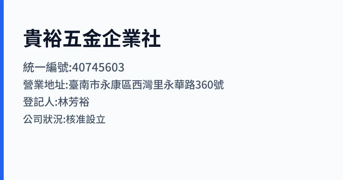 貴裕五金企業社 - 統編 40745603(臺南市) 公司登記資料與營業項目詳細圖表