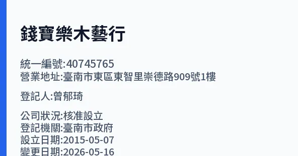錢寶樂木藝行的照片-統編 40745765(臺南市) 公司登記資料與營業項目詳細圖表