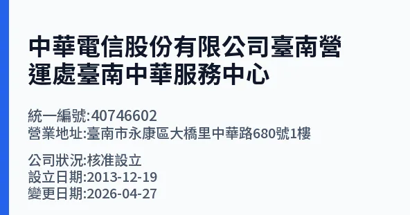 中華電信股份有限公司臺南營運處臺南中華服務中心的照片-統編 40746602(臺南市) 公司登記資料與營業項目詳細圖表