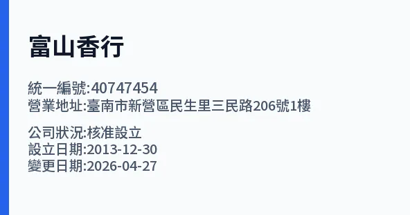 富山香行的照片-統編 40747454(臺南市) 公司登記資料與營業項目詳細圖表