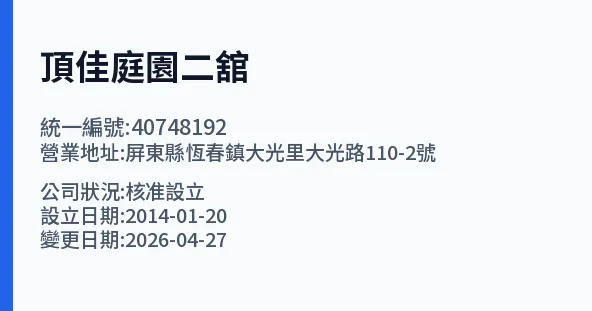 頂佳庭園二舘的照片-統編 40748192(屏東縣) 公司登記資料與營業項目詳細圖表