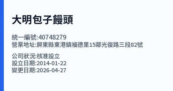 大明包子饅頭的照片-統編 40748279(屏東縣) 公司登記資料與營業項目詳細圖表