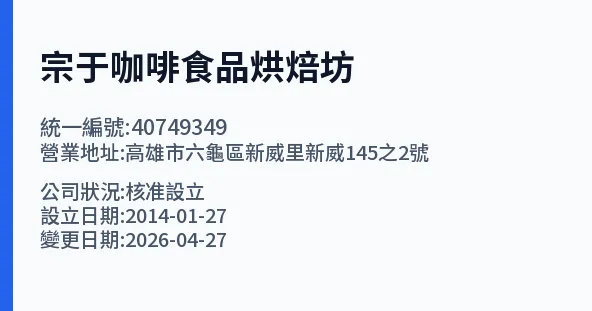 宗于咖啡食品烘焙坊的照片-統編 40749349(高雄市) 公司登記資料與營業項目詳細圖表