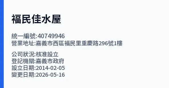 褔民佳水屋的照片-統編 40749946(嘉義市) 公司登記資料與營業項目詳細圖表
