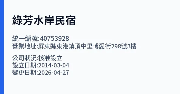 綠芳水岸民宿的照片-統編 40753928(屏東縣) 公司登記資料與營業項目詳細圖表