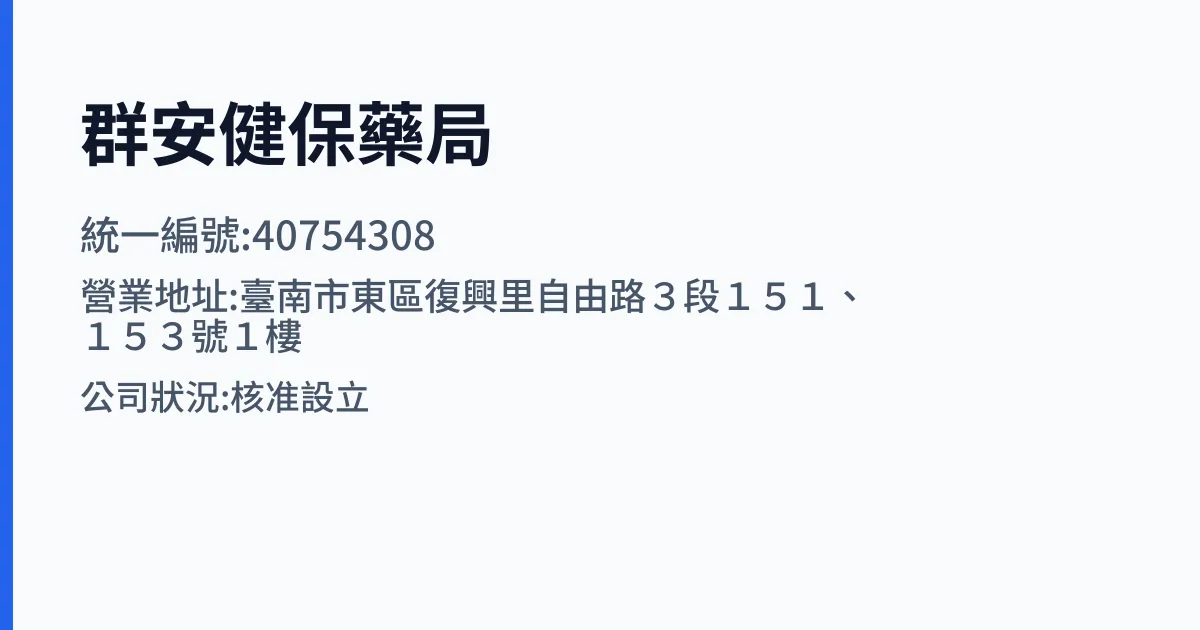 群安健保藥局 - 統編 40754308(臺南市) 公司登記資料與營業項目詳細圖表