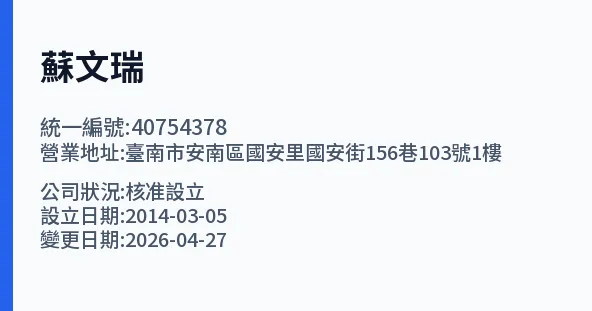蘇文瑞的照片-統編 40754378(臺南市) 公司登記資料與營業項目詳細圖表