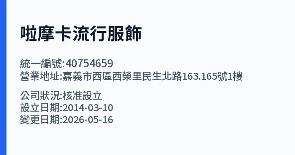 啦摩卡流行服飾的照片-統編 40754659(嘉義市) 公司登記資料與營業項目詳細圖表