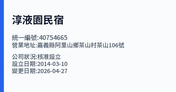 淳液園民宿的照片-統編 40754665(嘉義縣) 公司登記資料與營業項目詳細圖表