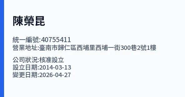 陳榮昆的照片-統編 40755411(臺南市) 公司登記資料與營業項目詳細圖表
