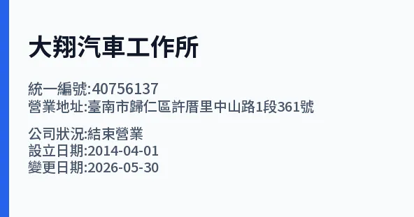 大翔汽車工作所的照片-統編 40756137(臺南市) 公司登記資料與營業項目詳細圖表