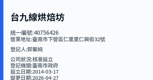 台九線烘焙坊的照片-統編 40756426(臺南市) 公司登記資料與營業項目詳細圖表