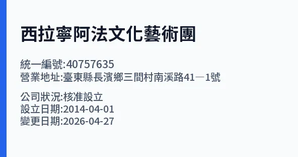 西拉寧阿法文化藝術團的照片-統編 40757635(臺東縣) 公司登記資料與營業項目詳細圖表