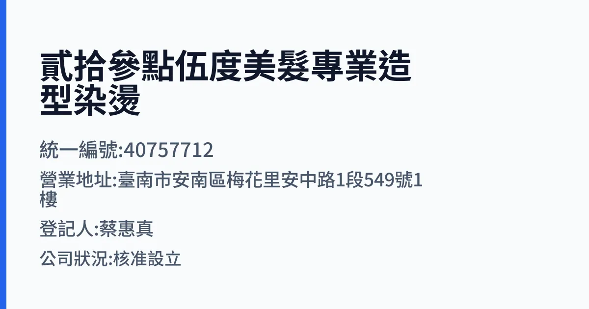 貳拾參點伍度美髮專業造型染燙 - 統編 40757712(臺南市) 公司登記資料與營業項目詳細圖表