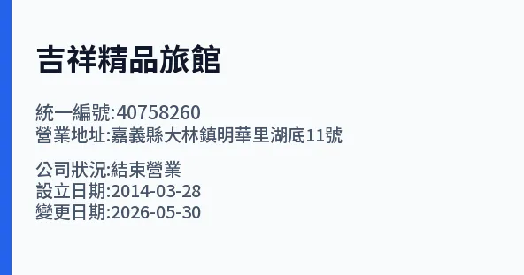 吉祥精品旅館的照片-統編 40758260(嘉義縣) 公司登記資料與營業項目詳細圖表