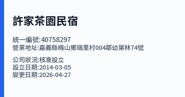 許家茶園民宿的照片-統編 40758297(嘉義縣) 公司登記資料與營業項目詳細圖表