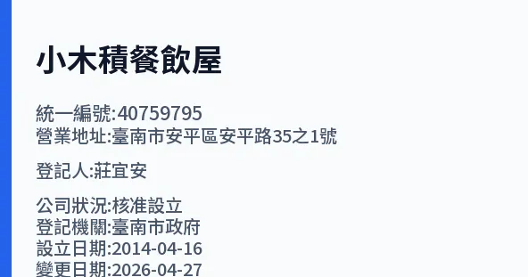 小木積餐飲屋的照片-統編 40759795(臺南市) 公司登記資料與營業項目詳細圖表