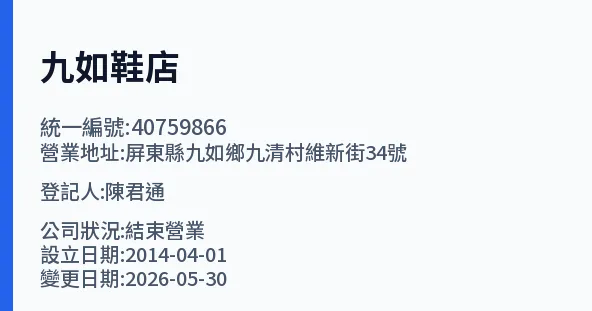 九如鞋店的照片-統編 40759866(屏東縣) 公司登記資料與營業項目詳細圖表
