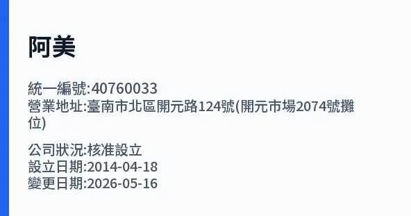阿美的照片-統編 40760033(臺南市) 公司登記資料與營業項目詳細圖表