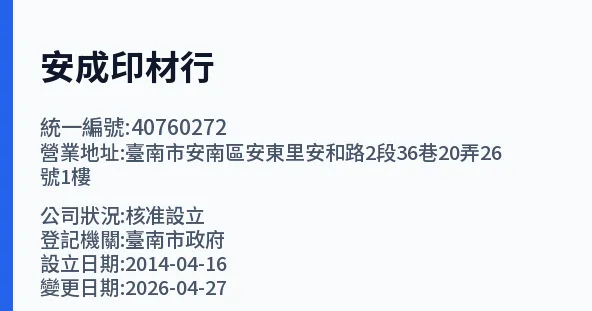 安成印材行的照片-統編 40760272(臺南市) 公司登記資料與營業項目詳細圖表