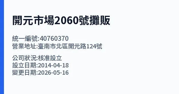 開元市場2060號攤販的照片-統編 40760370(臺南市) 公司登記資料與營業項目詳細圖表