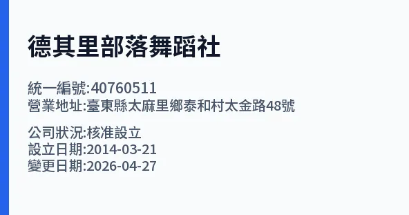 德其里部落舞蹈社的照片-統編 40760511(臺東縣) 公司登記資料與營業項目詳細圖表