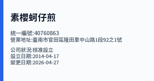 素櫻蚵仔煎的照片-統編 40760863(臺南市) 公司登記資料與營業項目詳細圖表