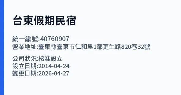 台東假期民宿的照片-統編 40760907(臺東縣) 公司登記資料與營業項目詳細圖表