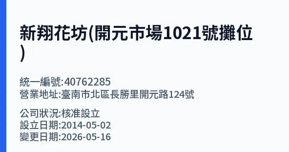 新翔花坊(開元市場1021號攤位)的照片-統編 40762285(臺南市) 公司登記資料與營業項目詳細圖表