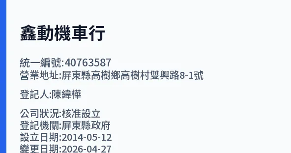 鑫動機車行的照片-統編 40763587(屏東縣) 公司登記資料與營業項目詳細圖表