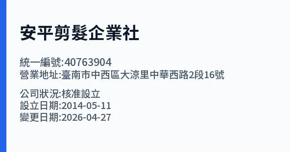 安平剪髮企業社的照片-統編 40763904(臺南市) 公司登記資料與營業項目詳細圖表