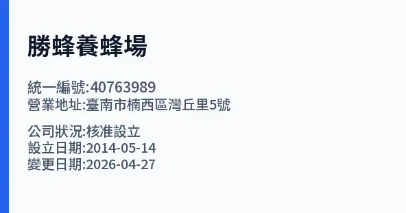 勝蜂養蜂場的照片-統編 40763989(臺南市) 公司登記資料與營業項目詳細圖表