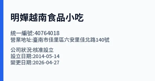 明嬋越南食品小吃的照片-統編 40764018(臺南市) 公司登記資料與營業項目詳細圖表