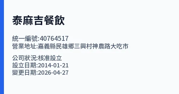 泰麻吉餐飲的照片-統編 40764517(嘉義縣) 公司登記資料與營業項目詳細圖表
