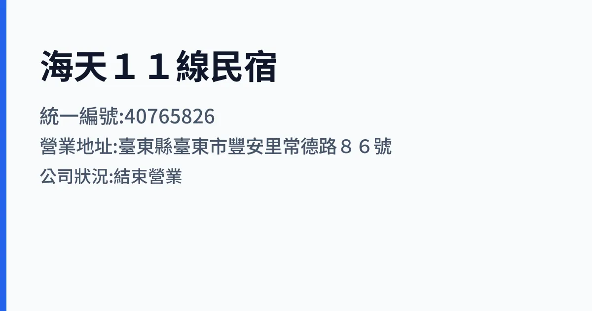 海天１１線民宿 - 統編 40765826(臺東縣) 公司登記資料與營業項目詳細圖表