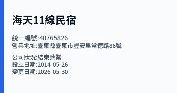 海天11線民宿的照片-統編 40765826(臺東縣) 公司登記資料與營業項目詳細圖表