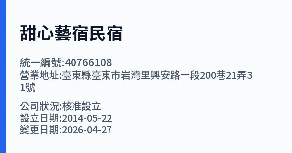 甜心藝宿民宿的照片-統編 40766108(臺東縣) 公司登記資料與營業項目詳細圖表