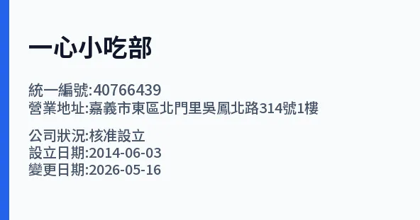 一心小吃部的照片-統編 40766439(嘉義市) 公司登記資料與營業項目詳細圖表