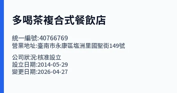 多喝茶複合式餐飲店的照片-統編 40766769(臺南市) 公司登記資料與營業項目詳細圖表