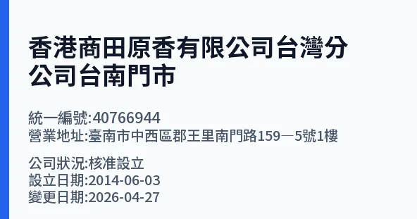 香港商田原香有限公司台灣分公司台南門市的照片-統編 40766944(臺南市) 公司登記資料與營業項目詳細圖表