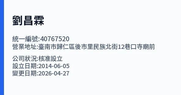 劉昌霖的照片-統編 40767520(臺南市) 公司登記資料與營業項目詳細圖表