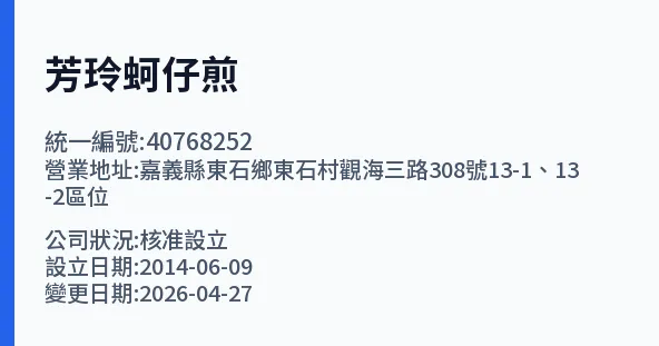 芳玲蚵仔煎的照片-統編 40768252(嘉義縣) 公司登記資料與營業項目詳細圖表