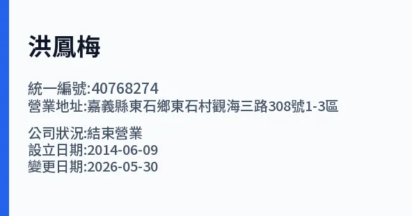 洪鳳梅的照片-統編 40768274(嘉義縣) 公司登記資料與營業項目詳細圖表