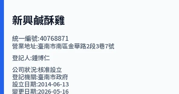 新興鹹酥雞的照片-統編 40768871(臺南市) 公司登記資料與營業項目詳細圖表