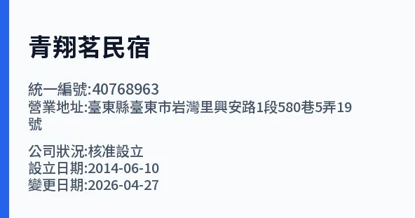 青翔茗民宿的照片-統編 40768963(臺東縣) 公司登記資料與營業項目詳細圖表