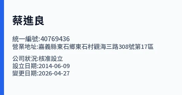 蔡進良的照片-統編 40769436(嘉義縣) 公司登記資料與營業項目詳細圖表