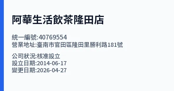 阿華生活飲茶隆田店的照片-統編 40769554(臺南市) 公司登記資料與營業項目詳細圖表